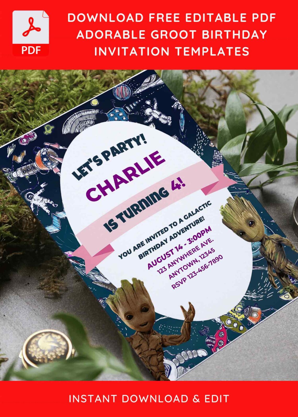 (Free Editable PDF) Outer Space Groot Birthday Invitation Templates