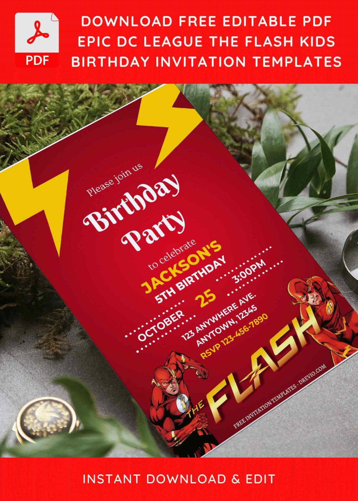(Free Editable PDF) Scarlet Speedster The Flash Birthday Invitation ...