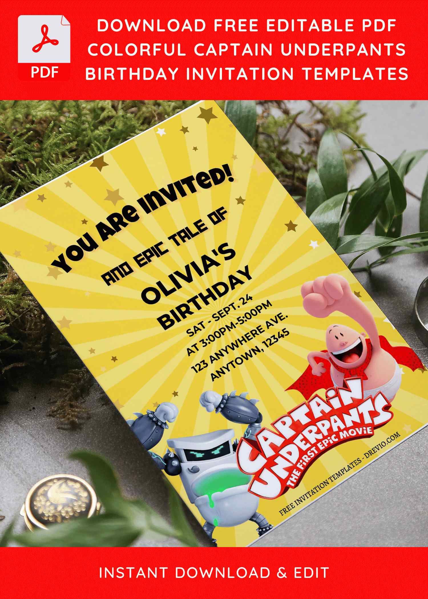(Free Editable PDF) Colorful Captain Underpants Birthday Invitation ...