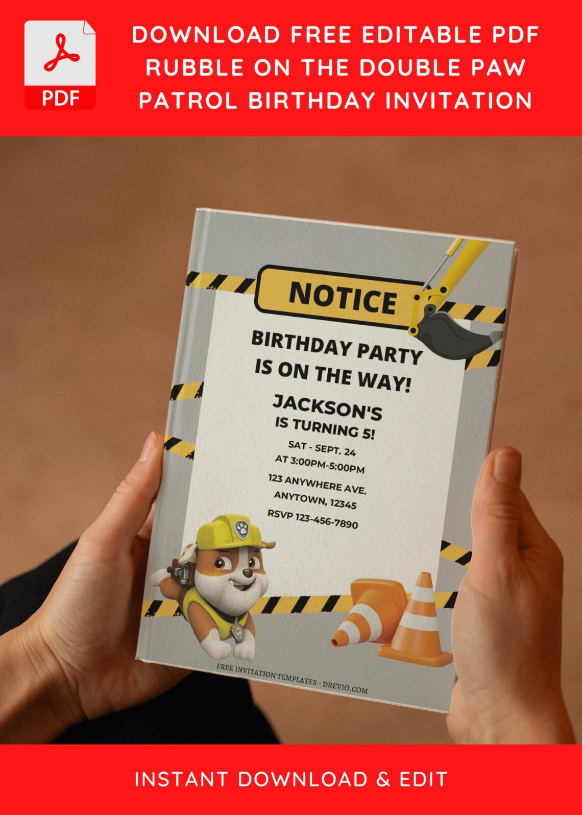 (Free Editable PDF) Rubble On The Double PAW Patrol Birthday Invitation ...