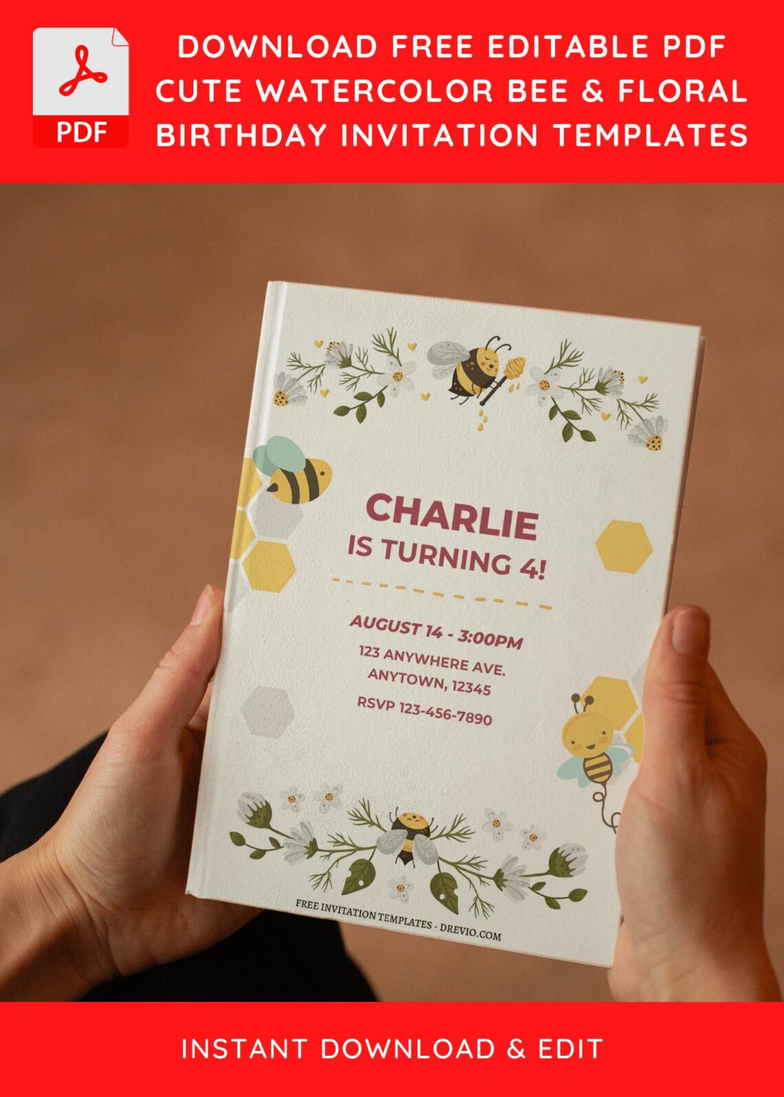 (Free Editable PDF) Cute Bumble Bee Birthday Invitation Templates
