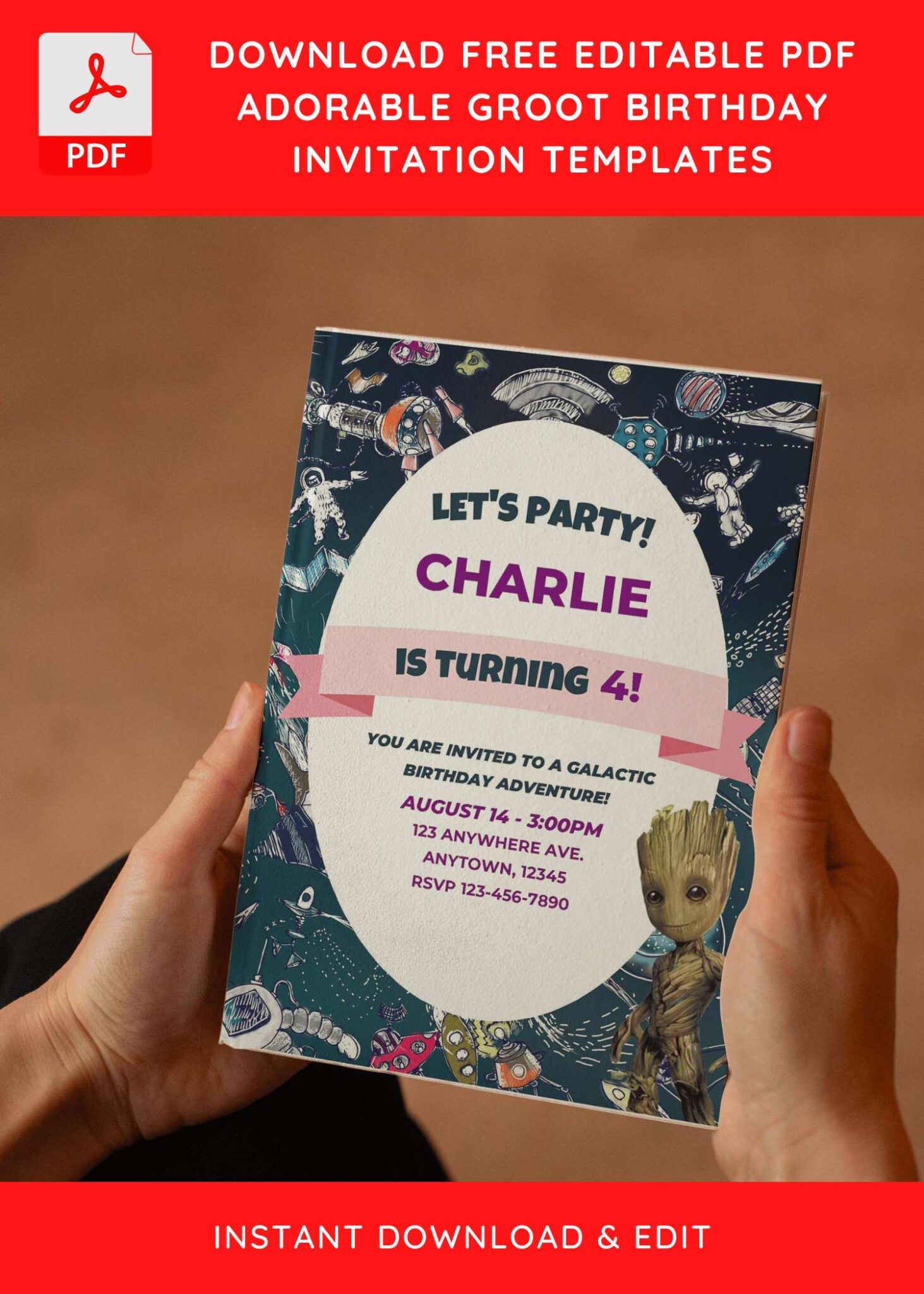 (Free Editable PDF) Outer Space Groot Birthday Invitation Templates