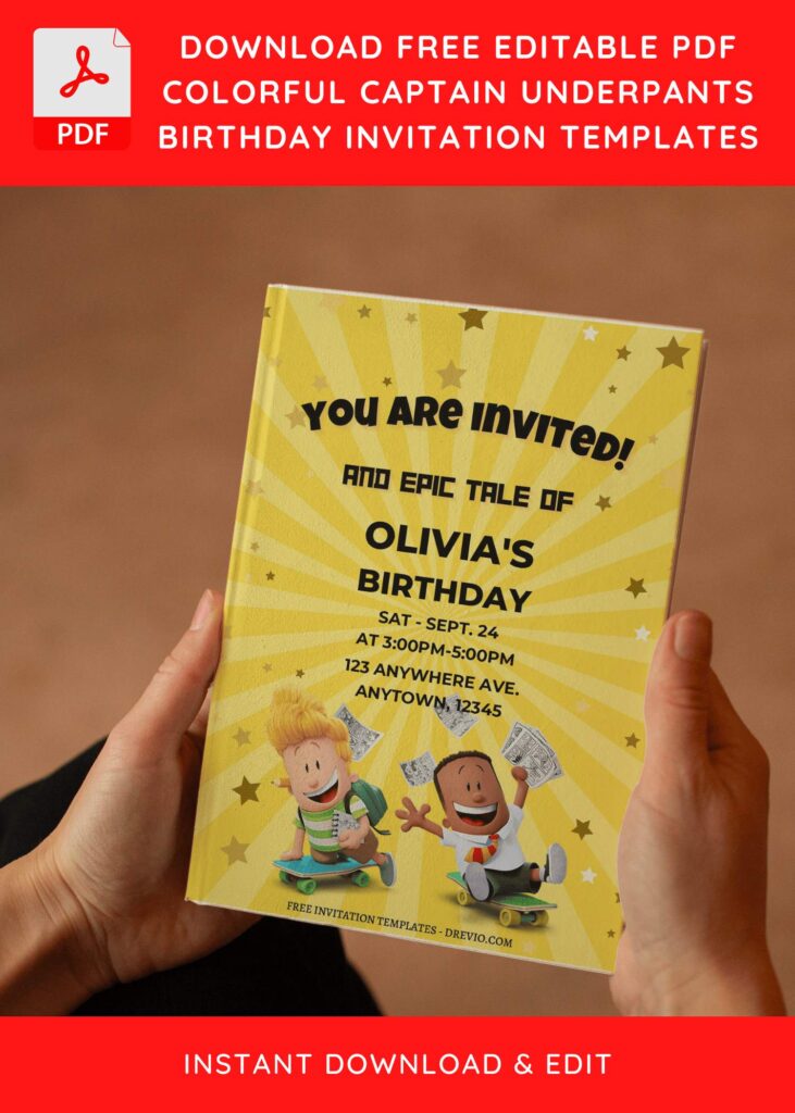 (Free Editable PDF) Colorful Captain Underpants Birthday Invitation ...