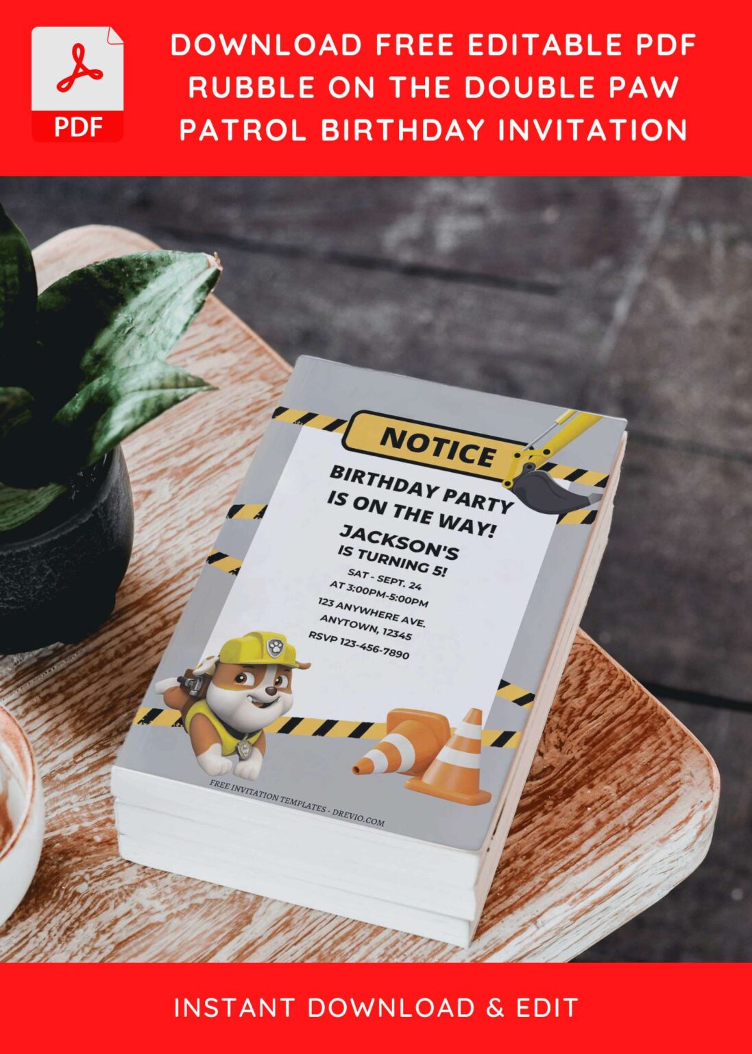 (Free Editable PDF) Rubble On The Double PAW Patrol Birthday Invitation ...