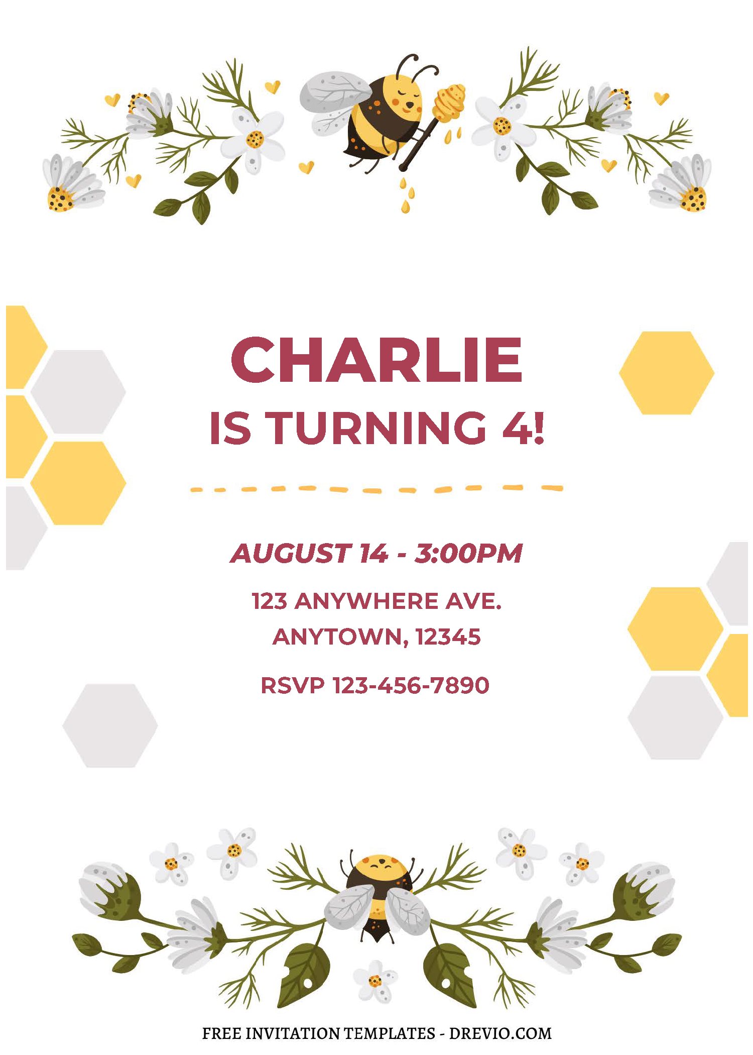 (Free Editable PDF) Cute Bumble Bee Birthday Invitation Templates