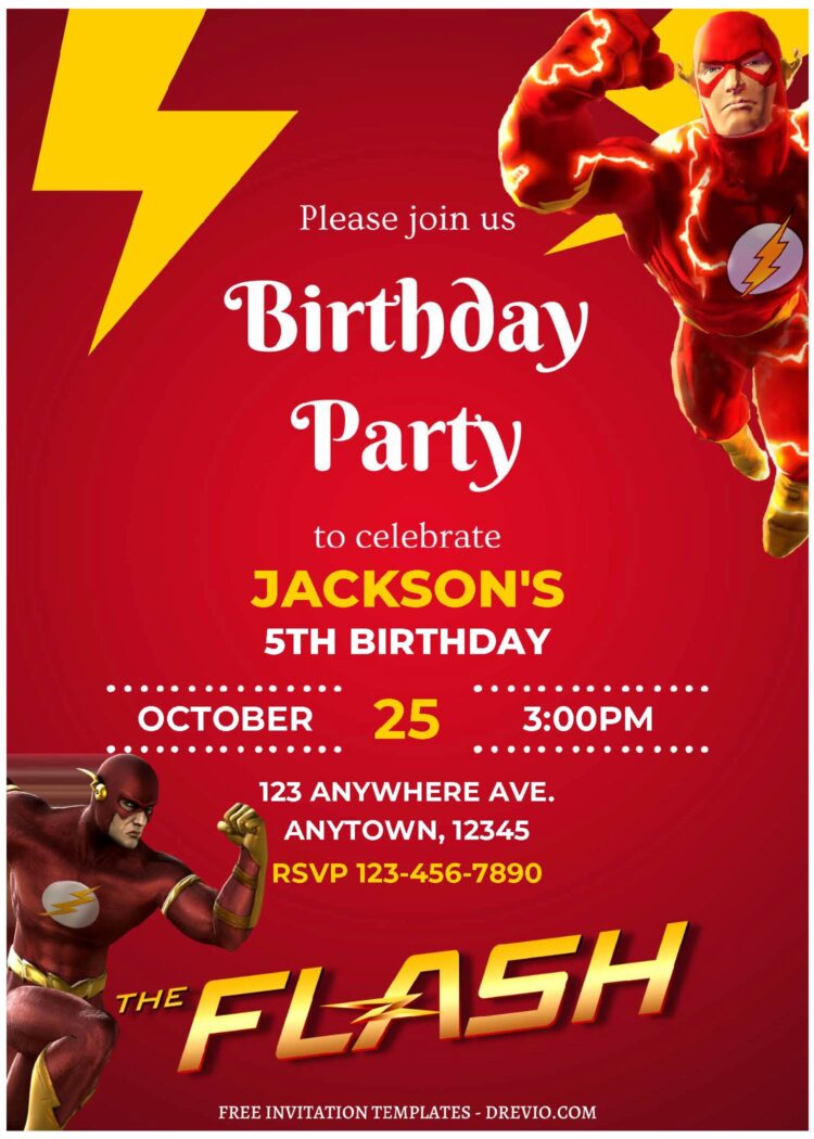 (Free Editable PDF) Scarlet Speedster The Flash Birthday Invitation ...