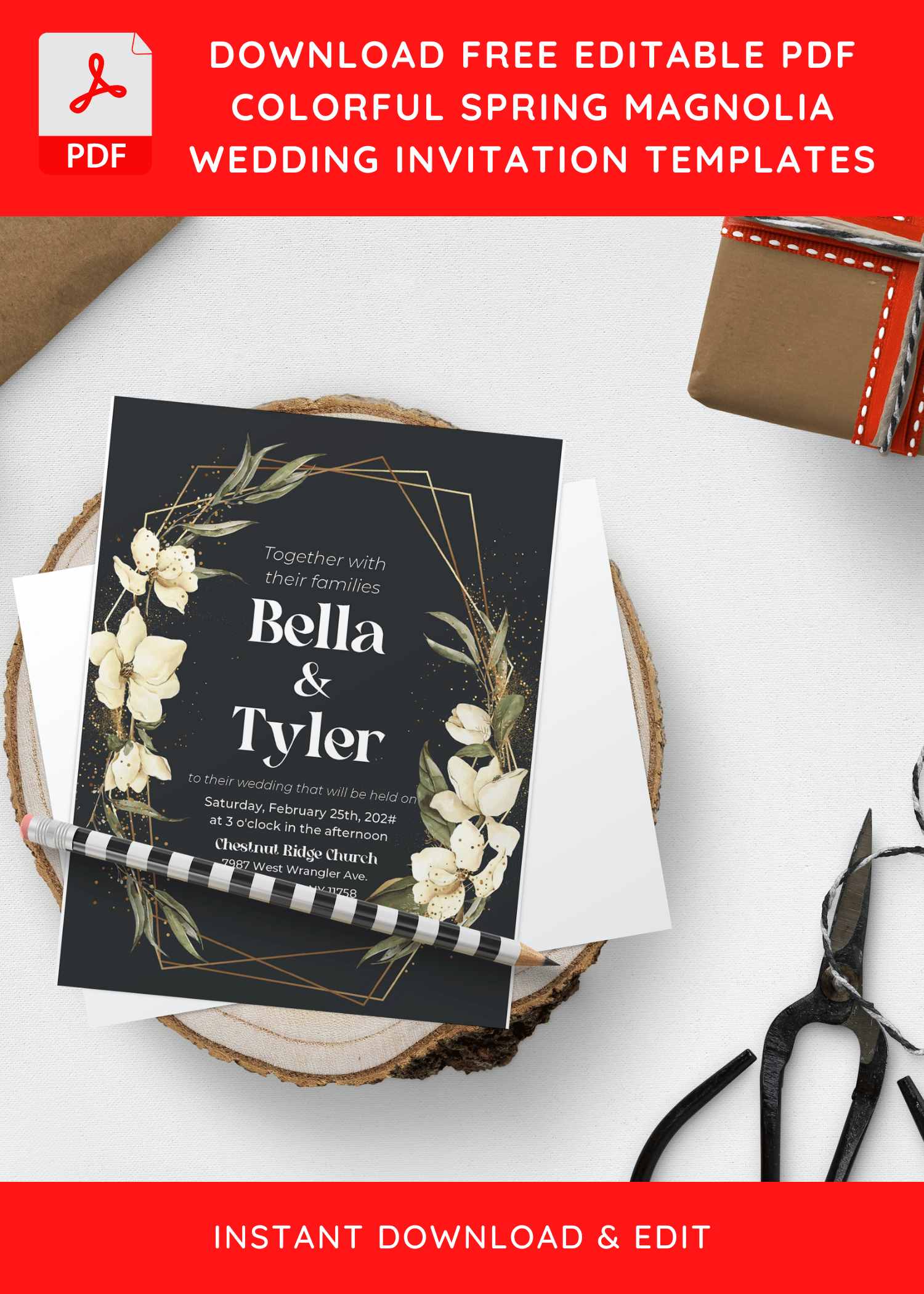 (Free Editable PDF) Stunning Geometric Magnolia Wedding Invitation ...