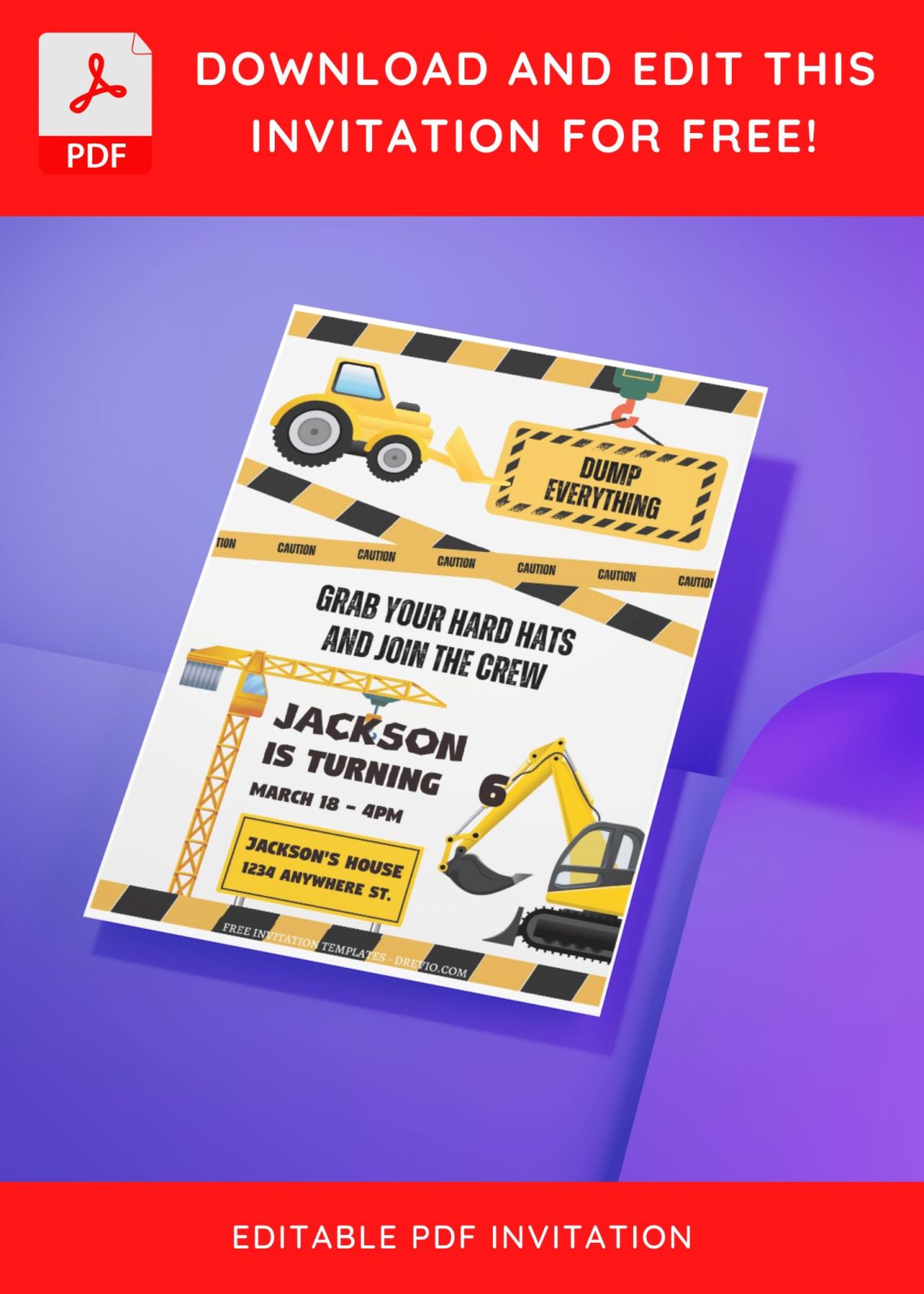(Free Editable PDF) Construction Birthday Invitation Templates For Kids