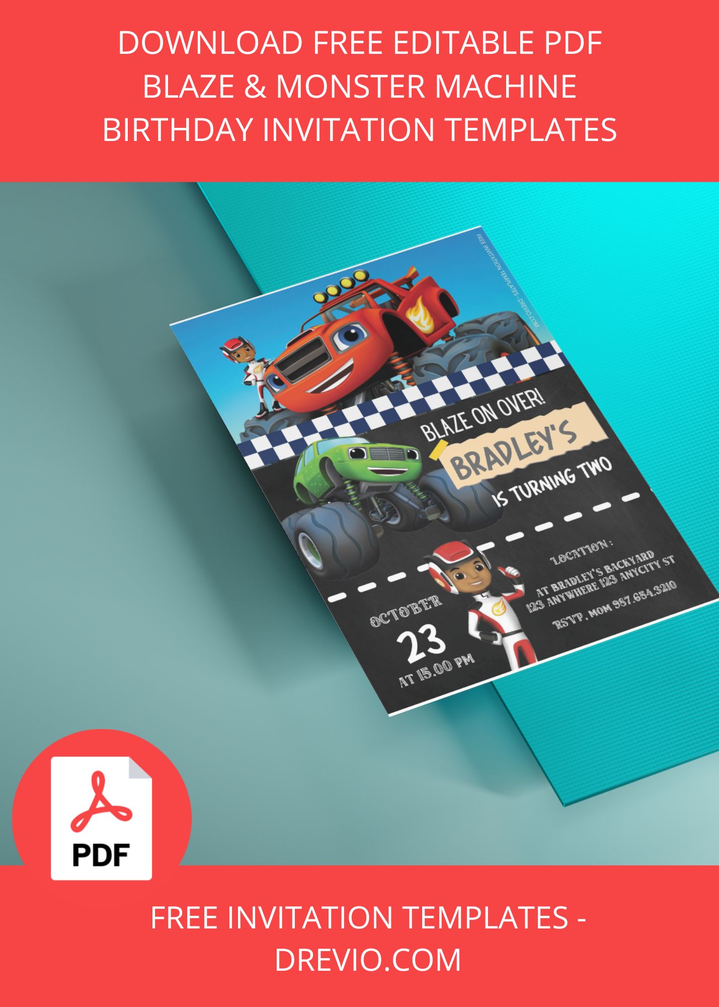 Free Editable PDF - Blaze & Monster Machines Birthday Invitation Templates