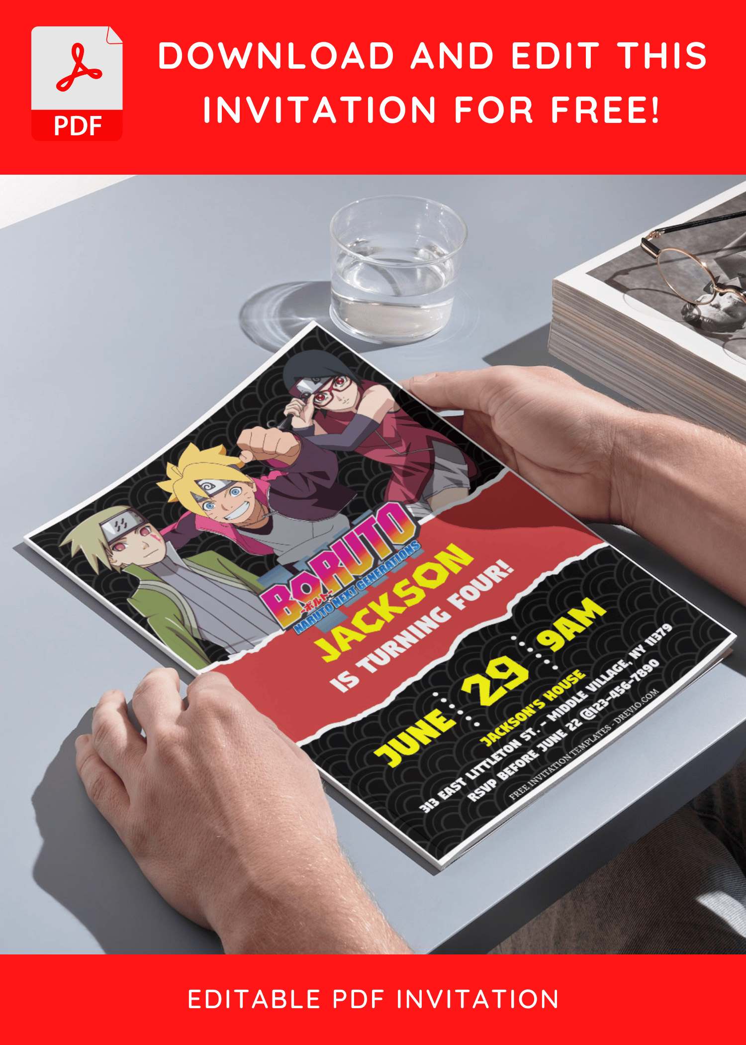 (Free Editable PDF) Thrilling Fun Boruto Ninja Birthday Invitation ...