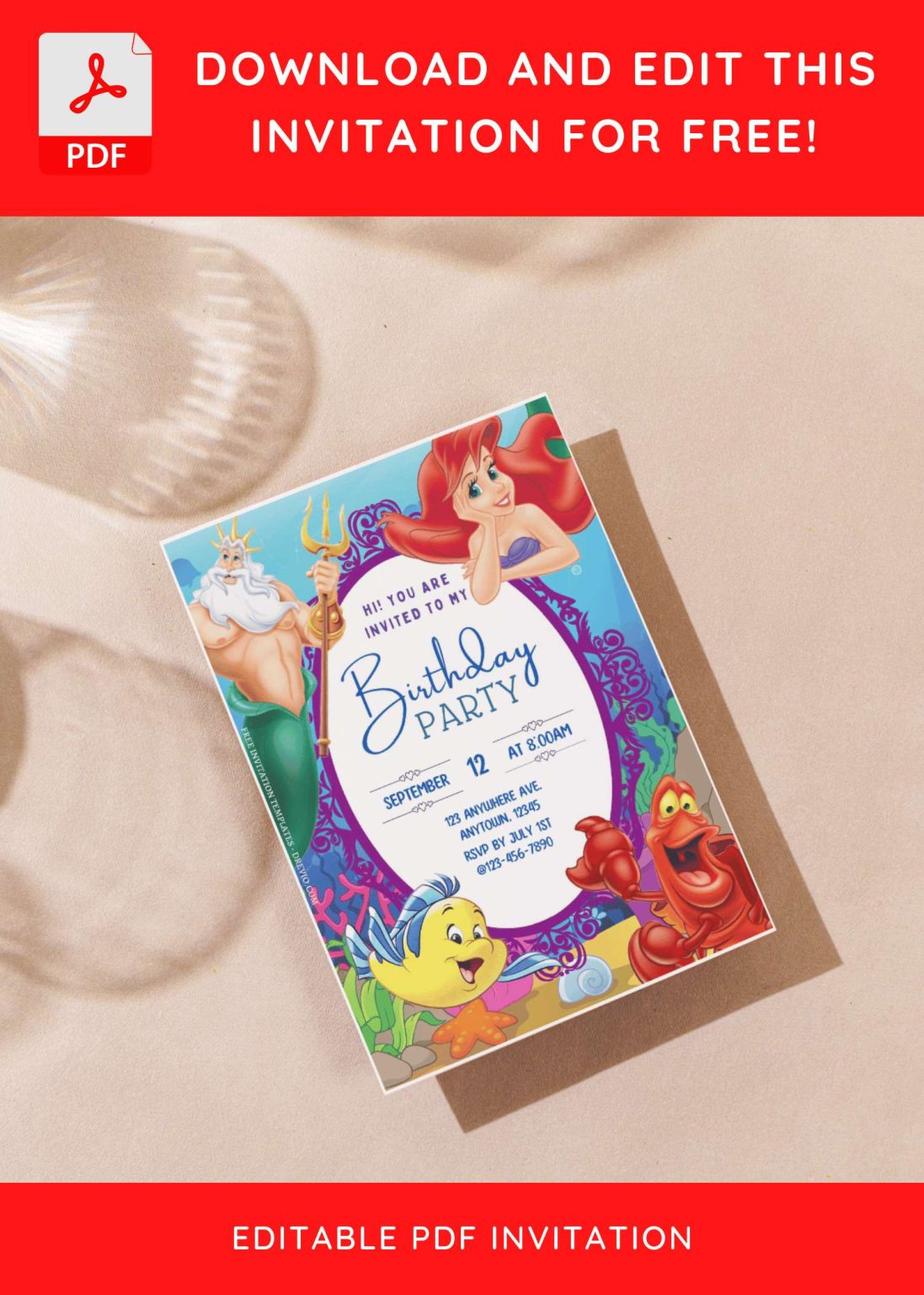 (Free Editable PDF) Princess Ariel Birthday Invitation Templates For Kids