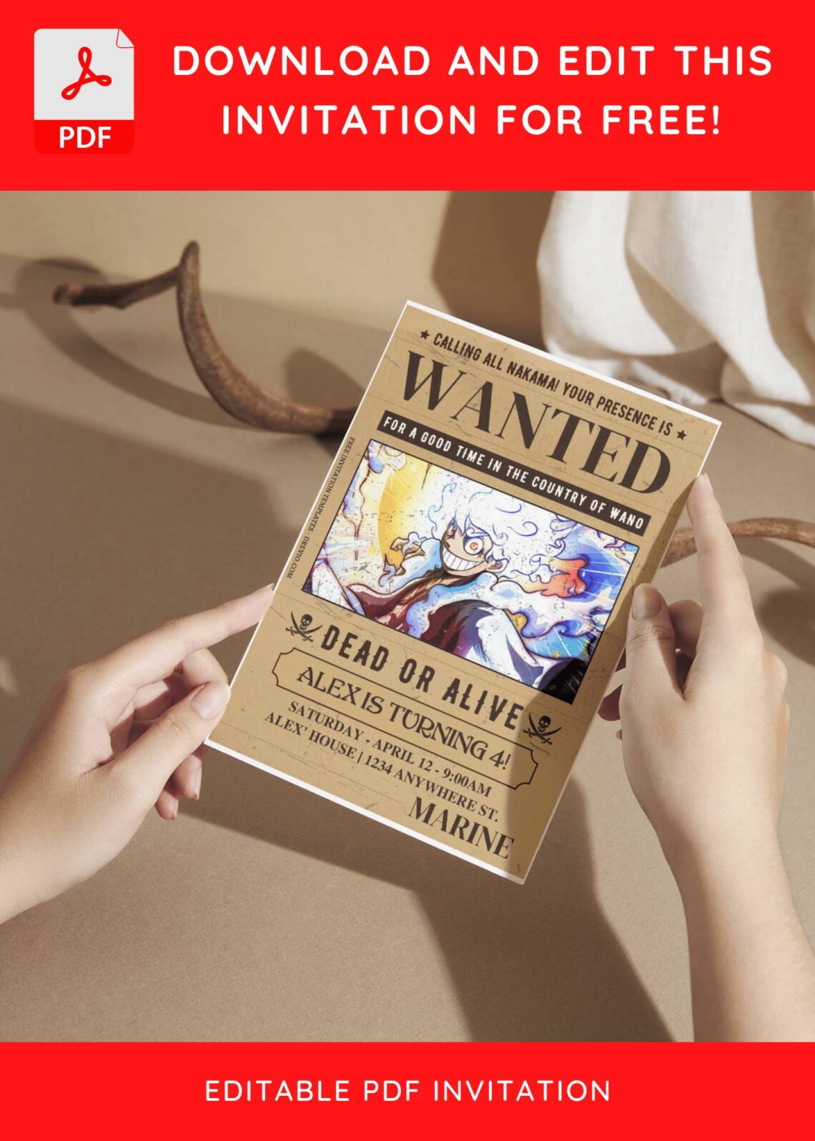 (Free Editable PDF) One Piece Luffy Gear 5 Birthday Invitation Templates