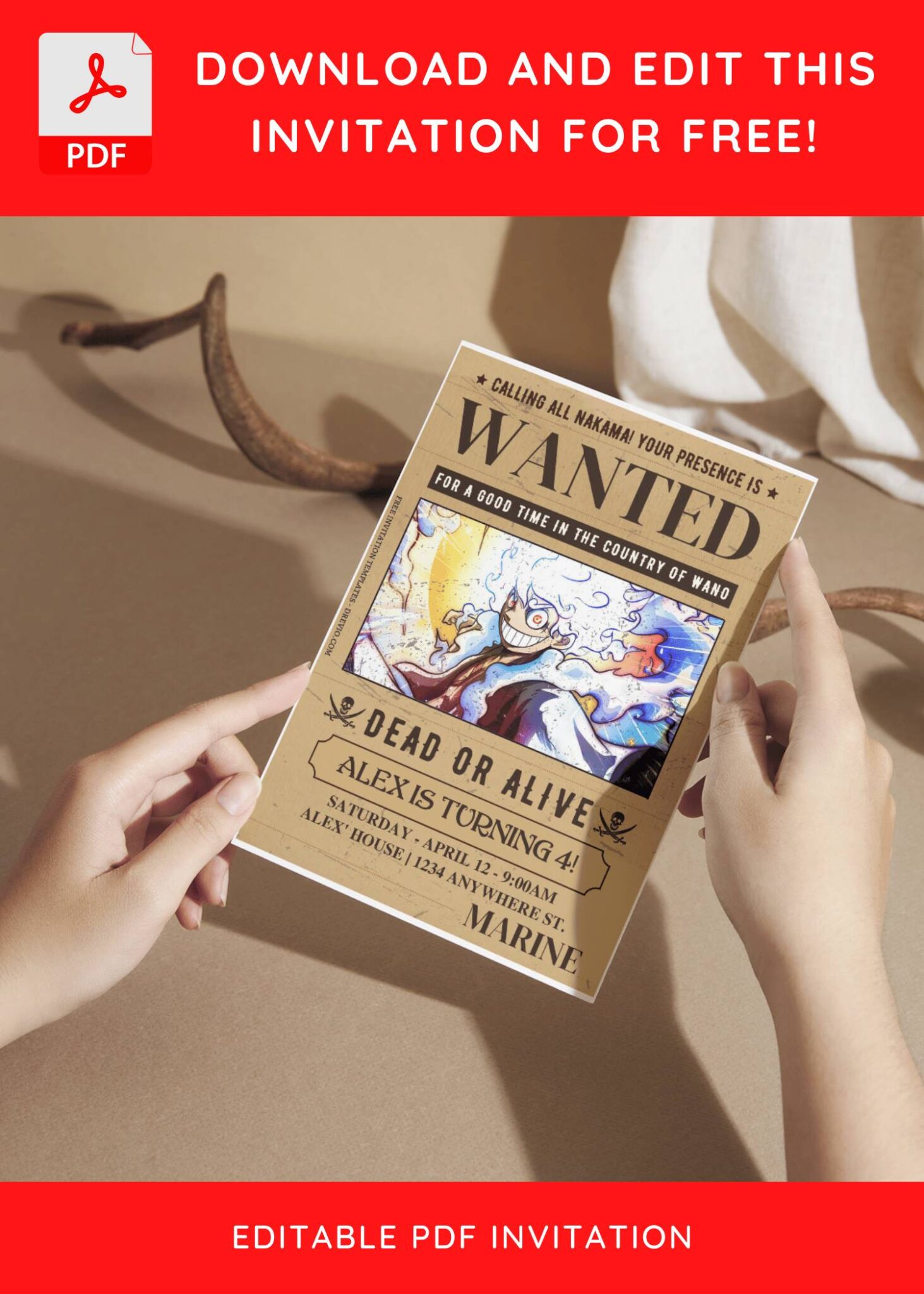 (Free Editable PDF) One Piece Luffy Gear 5 Birthday Invitation Templates