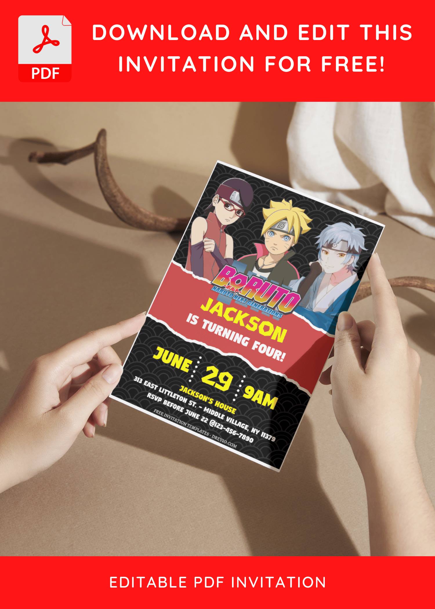 (Free Editable PDF) Thrilling Fun Boruto Ninja Birthday Invitation ...