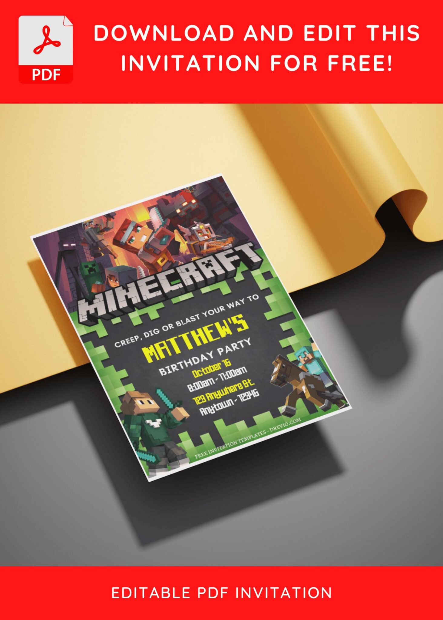 (Free Editable PDF) Pixel Party Minecraft Birthday Invitation