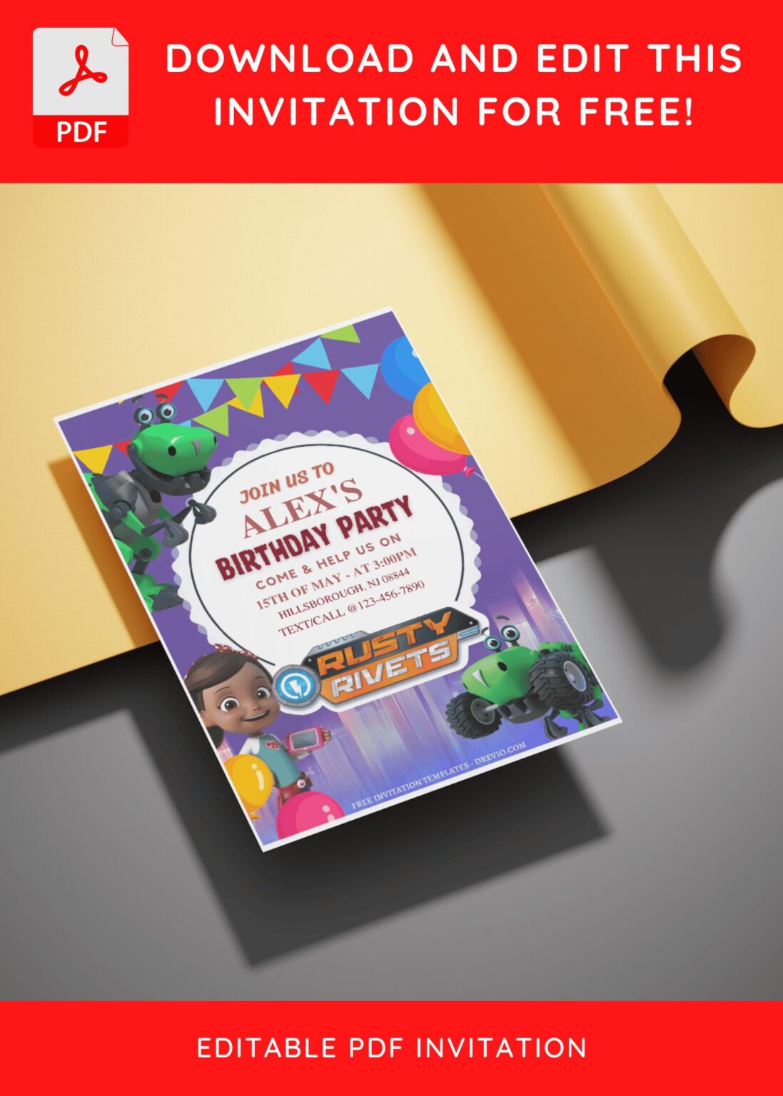 (Free Editable PDF) Gear Up Rusty Rivets Birthday Invitation Templates