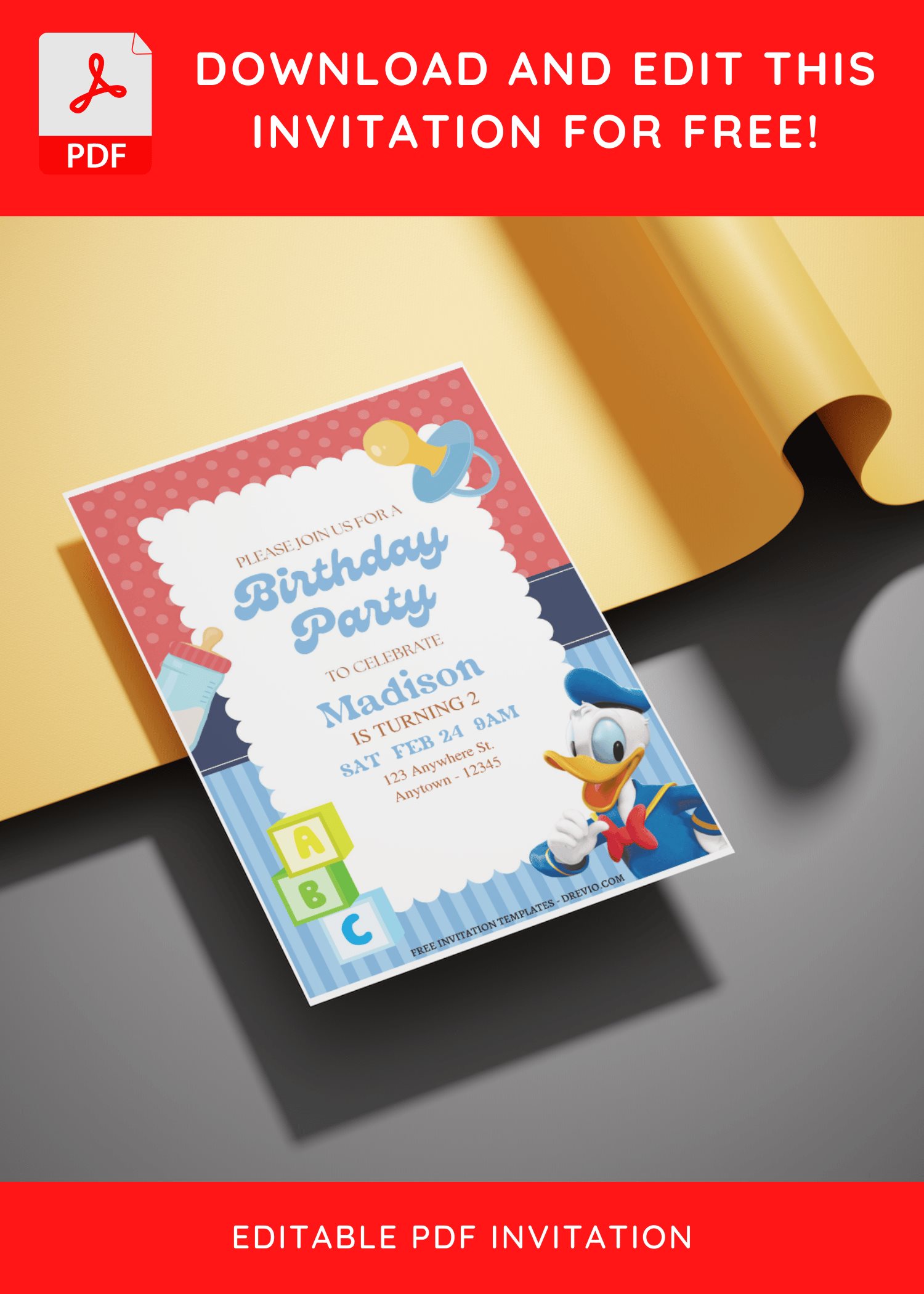 (Free Editable PDF) Quirky Quacker Donald Duck Birthday Invitation ...
