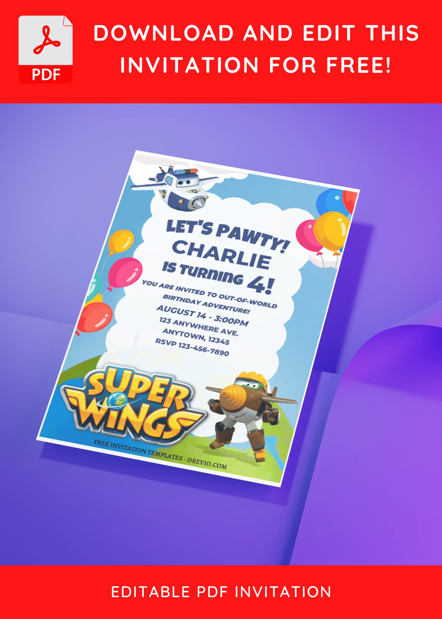 (Free Editable PDF) Cheerful Super Wings Birthday Invitation Templates