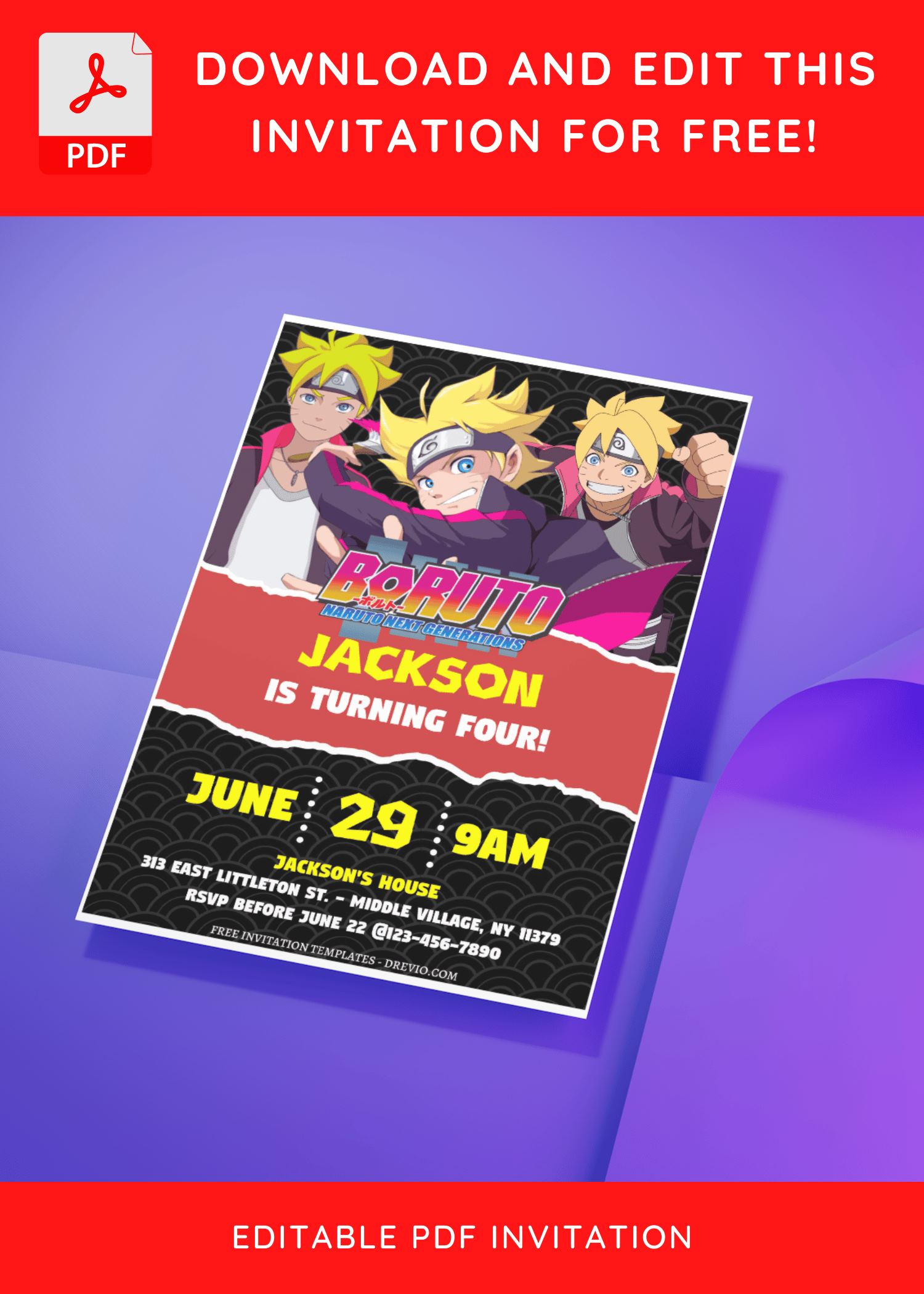 (Free Editable PDF) Thrilling Fun Boruto Ninja Birthday Invitation ...