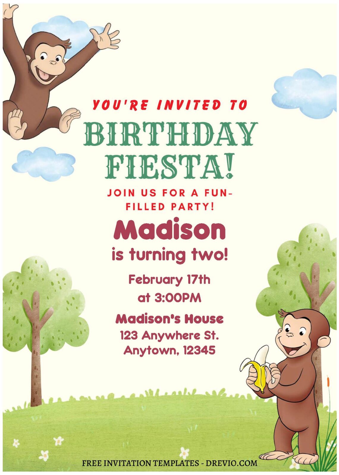 (Free Editable PDF) Party Like Curious George Birthday Invitation Templates