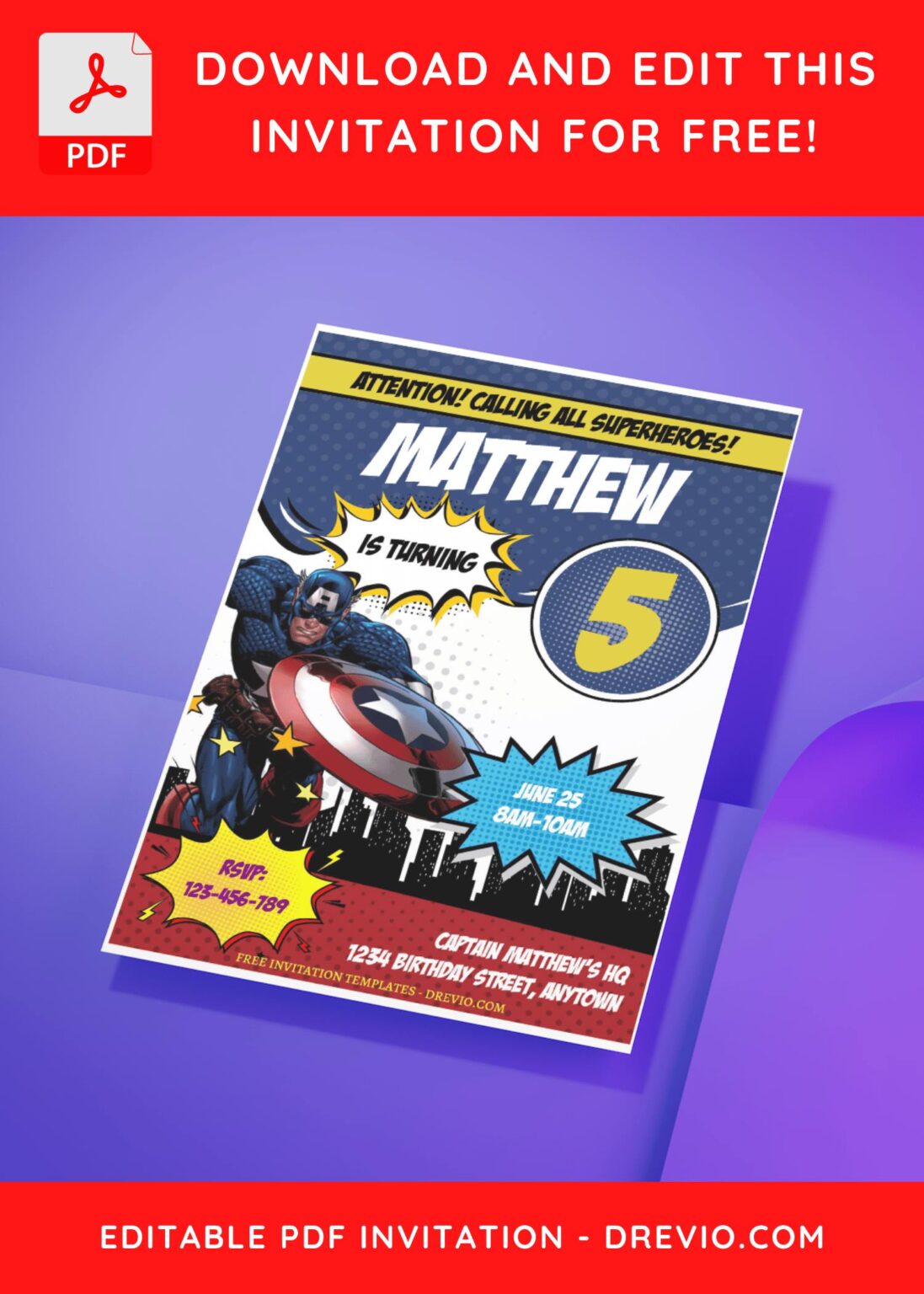 (Free Editable PDF) Comic Style Captain America Birthday Invitation ...