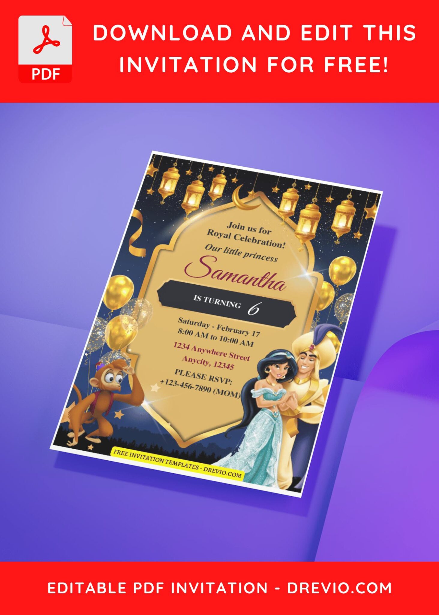 (Free Editable PDF) Majestic Aladdin Birthday Invitation Templates