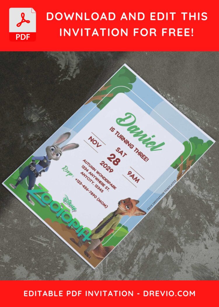 (Free Editable PDF) Joyful Zootopia Birthday Invitation Templates
