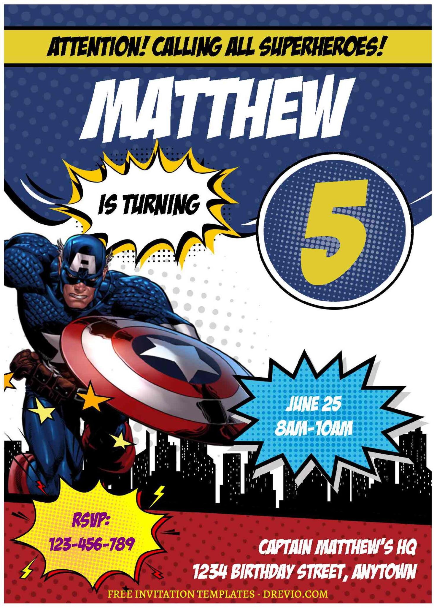 (Free Editable PDF) Comic Style Captain America Birthday Invitation ...