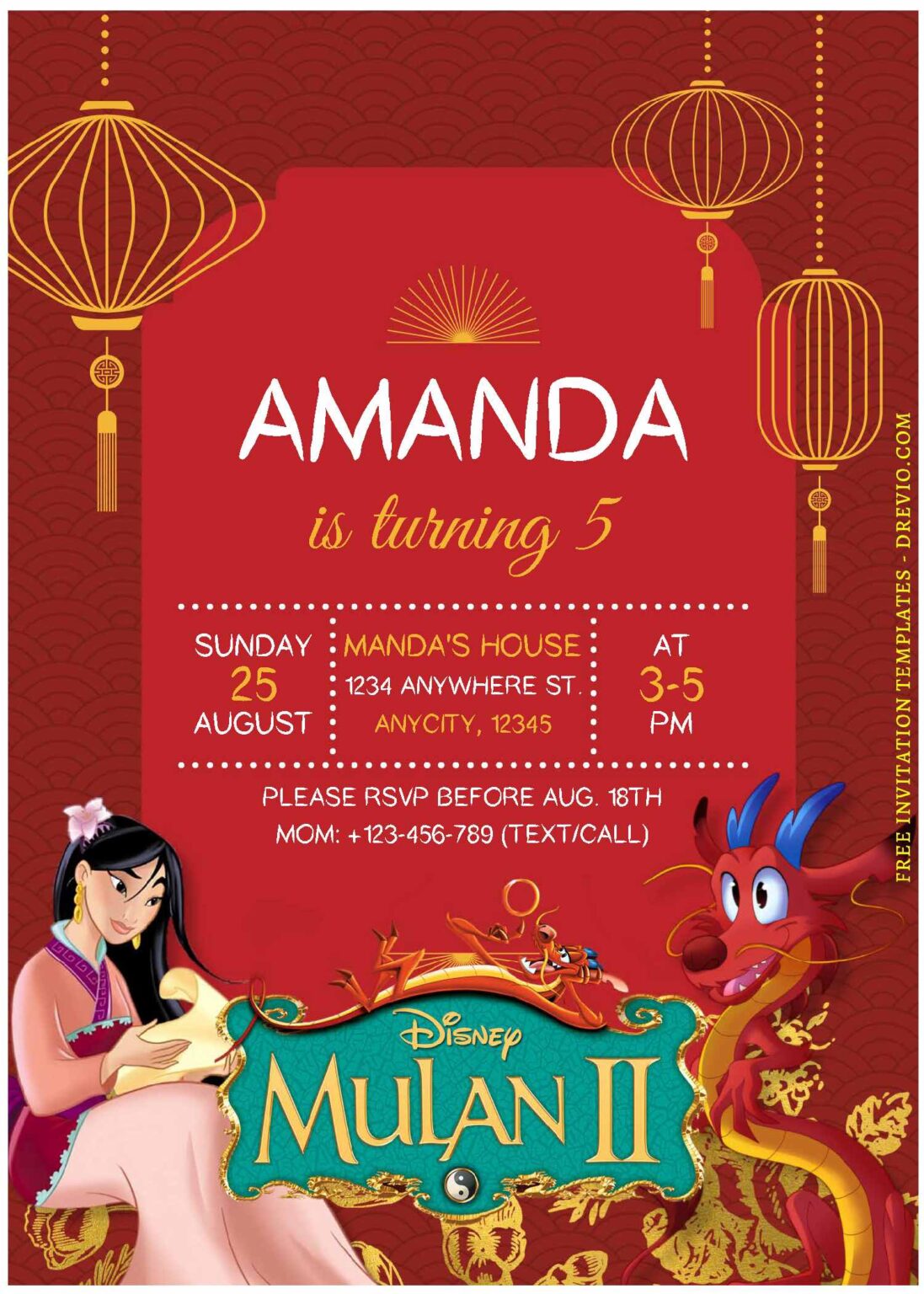 (Free Editable PDF) Disney Mulan Birthday Invitation Templates