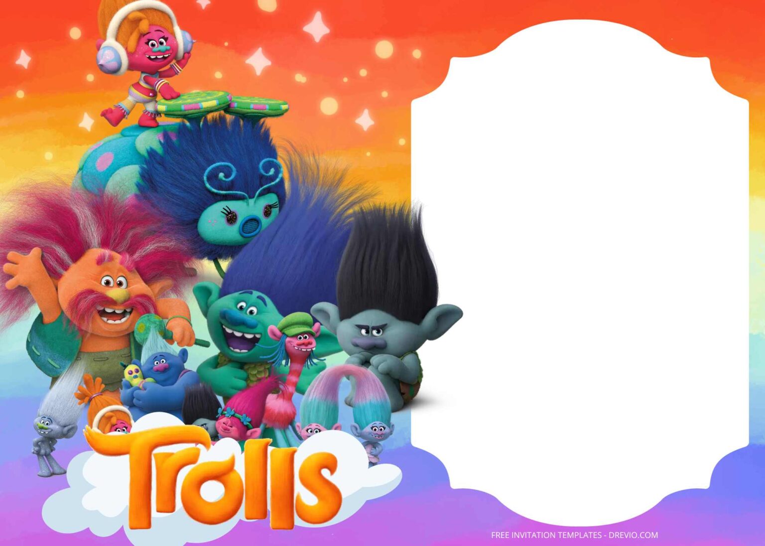 FREE Rainbow Party Trolls Birthday Invitation Templates