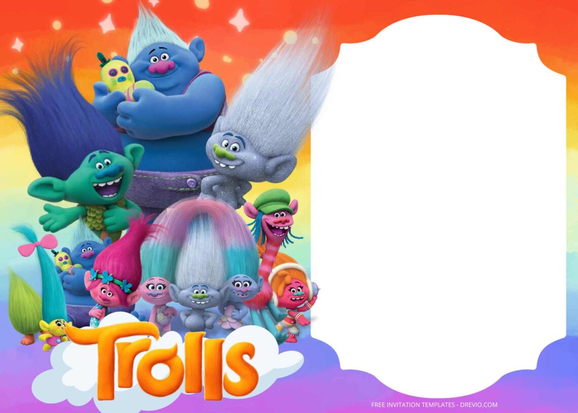 FREE Rainbow Party Trolls Birthday Invitation Templates