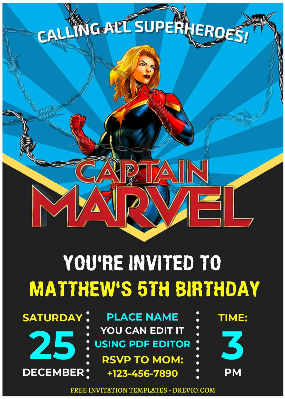 (Free Editable PDF) Captain Marvel Comic Birthday Invitation Templates