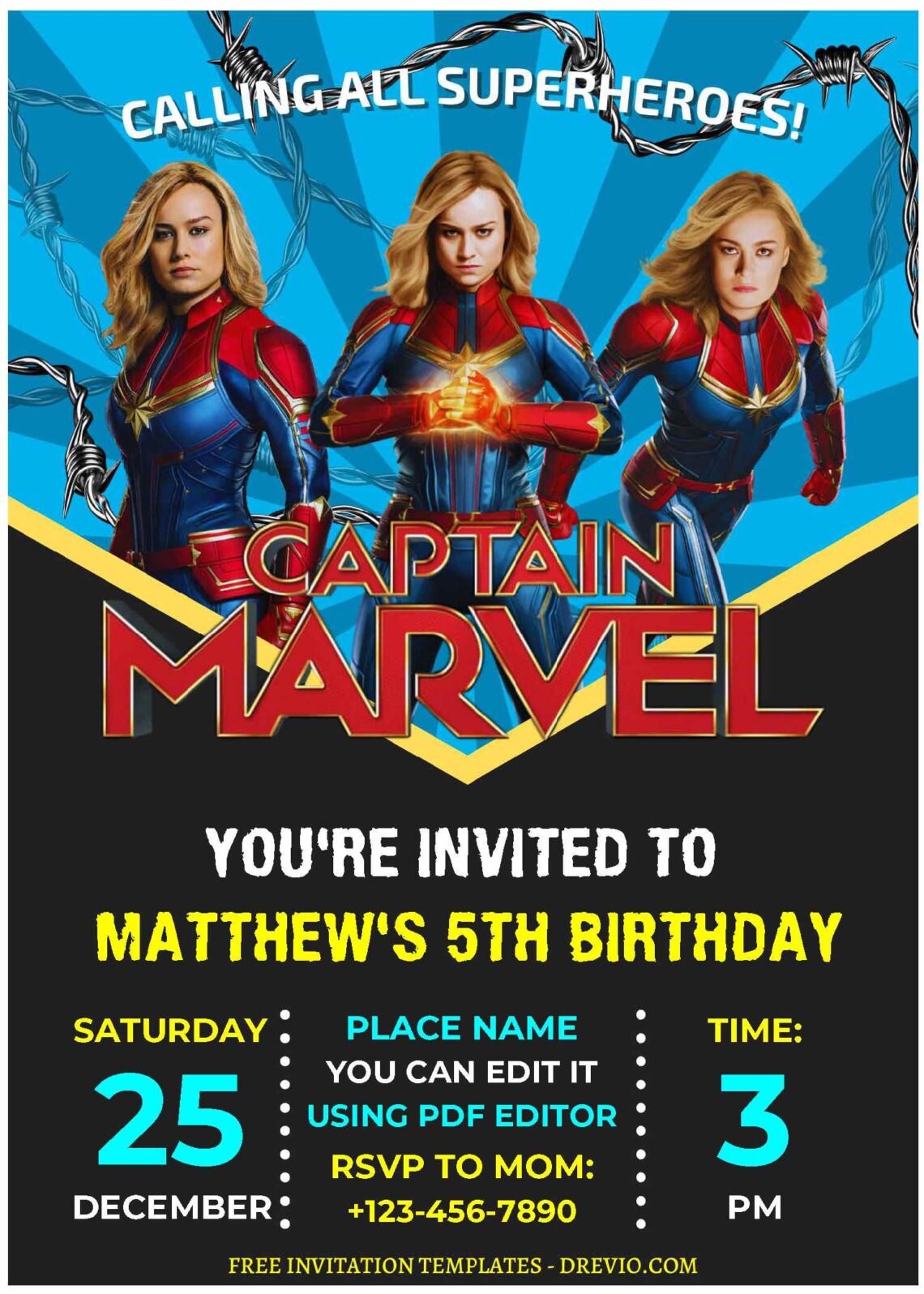 (Free Editable PDF) Captain Marvel Comic Birthday Invitation Templates