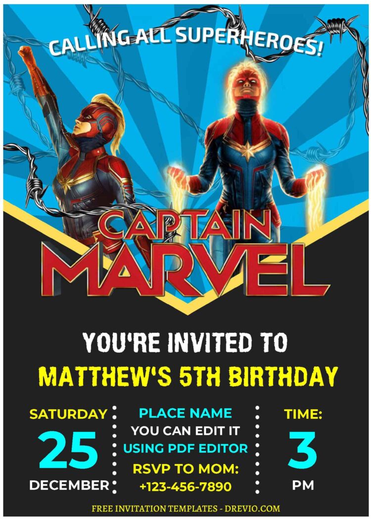 (Free Editable PDF) Captain Marvel Comic Birthday Invitation Templates