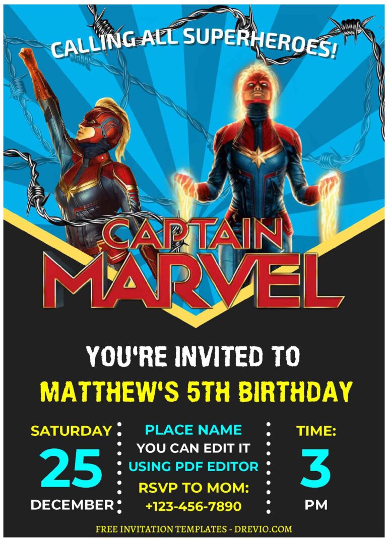 (Free Editable PDF) Captain Marvel Comic Birthday Invitation Templates