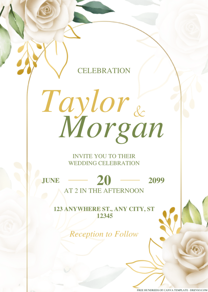 FREE PDF Invitation - Gold Line and White Roses Wedding Invitations