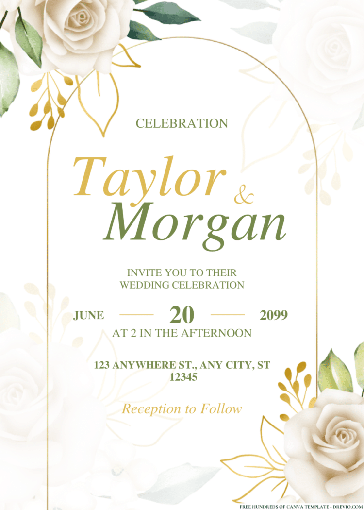 FREE PDF Invitation - Gold Line and White Roses Wedding Invitations