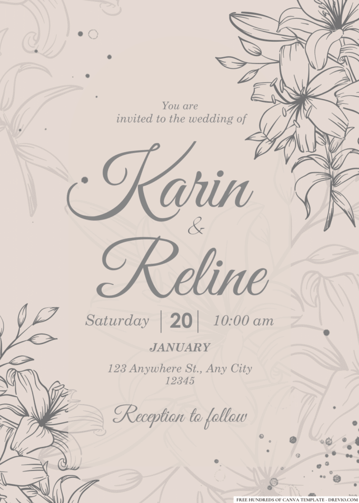 FREE PDF Invitation - Line Gray Detail Flowers Wedding Invitations