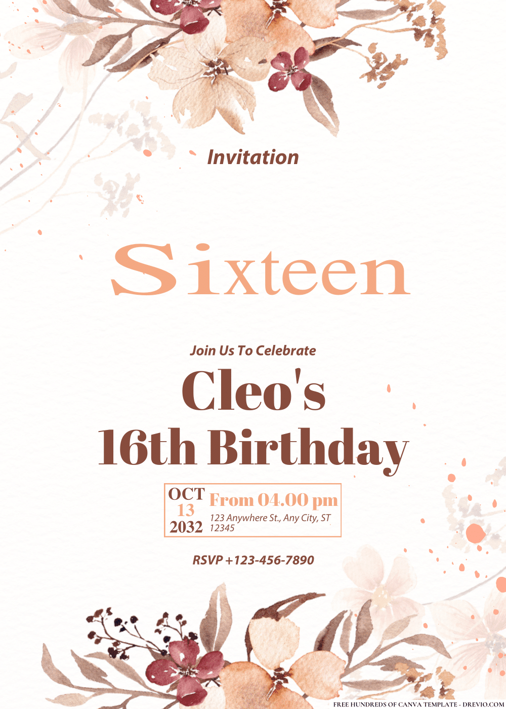 FREE PDF Invitation - Brown Wildflower Botanical Birthday Invitations