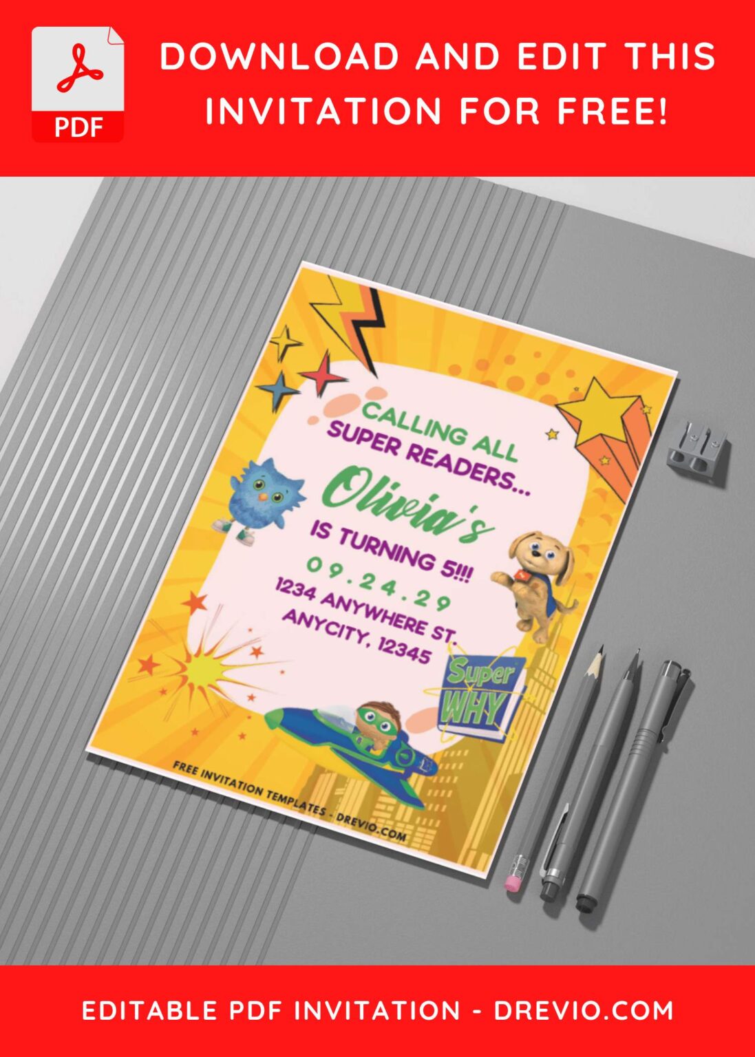(Easily Edit PDF Invitation) Lovable Super Why Birthday Invitation