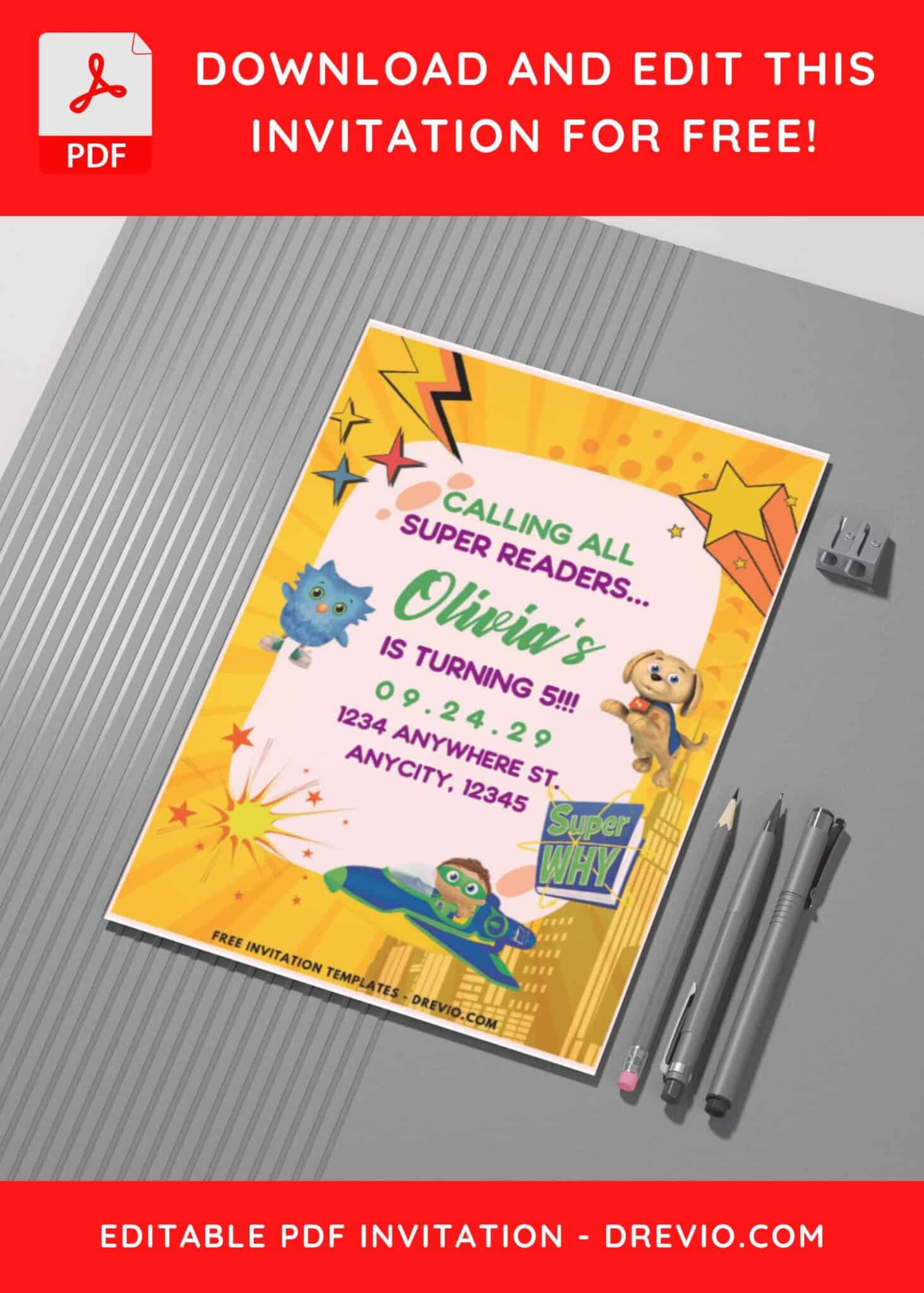 (Easily Edit PDF Invitation) Lovable Super Why Birthday Invitation