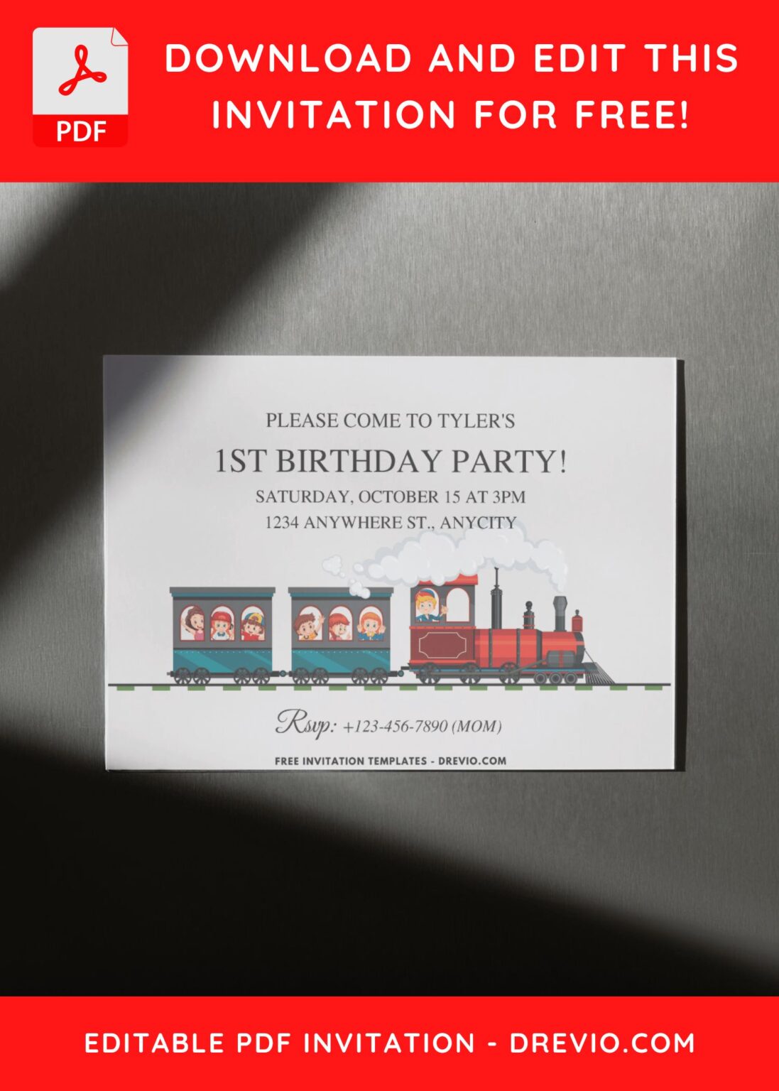 (Free PDF Invitation) Steam Train Children Birthday Invitation