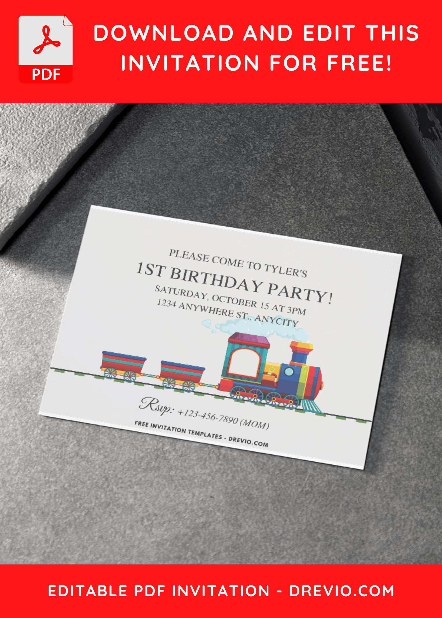 (Free PDF Invitation) Steam Train Children Birthday Invitation
