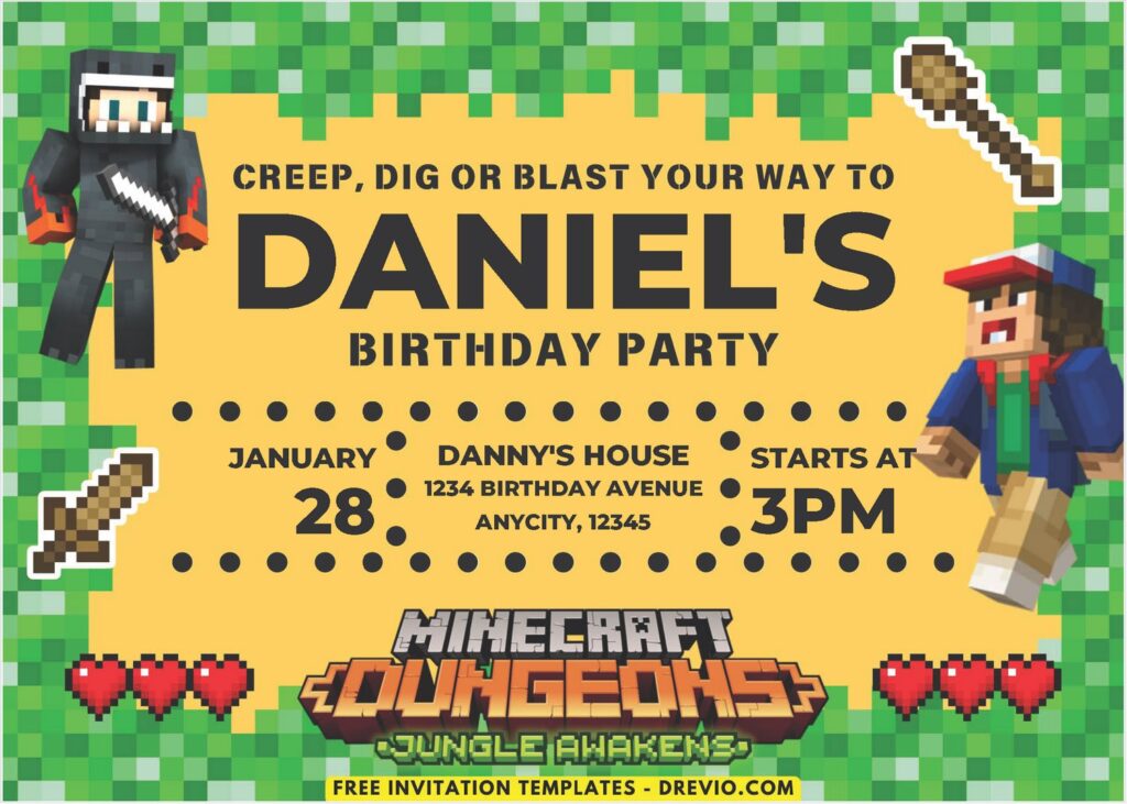 (Free PDF Invitation) Minecraft Dungeon Birthday Invitation
