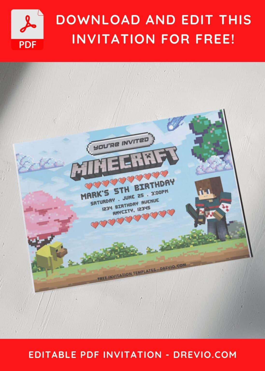 (Free PDF Invitation) Pixel Perfect Minecraft Gamer Birthday Invitation
