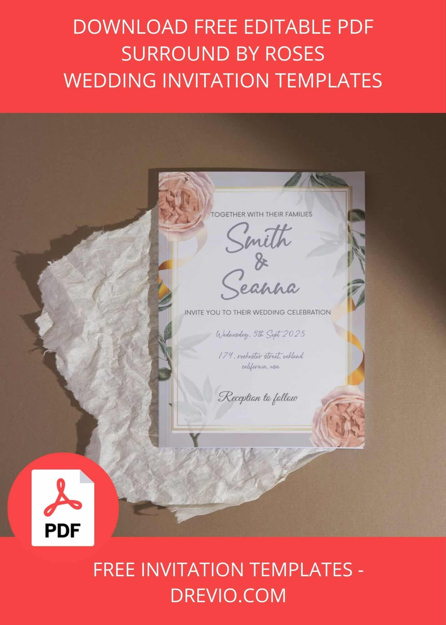 FREE Editable PDF - Surround By Roses Wedding Invitation Templates