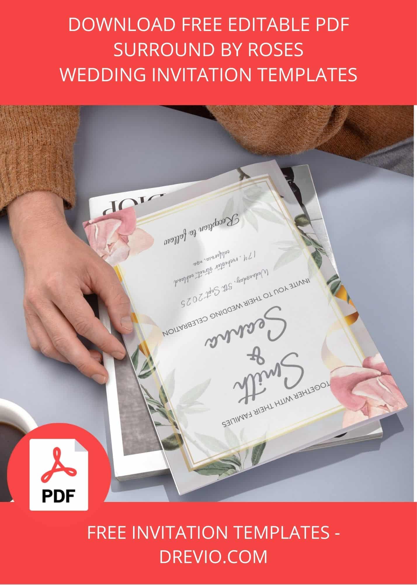 FREE Editable PDF - Surround By Roses Wedding Invitation Templates