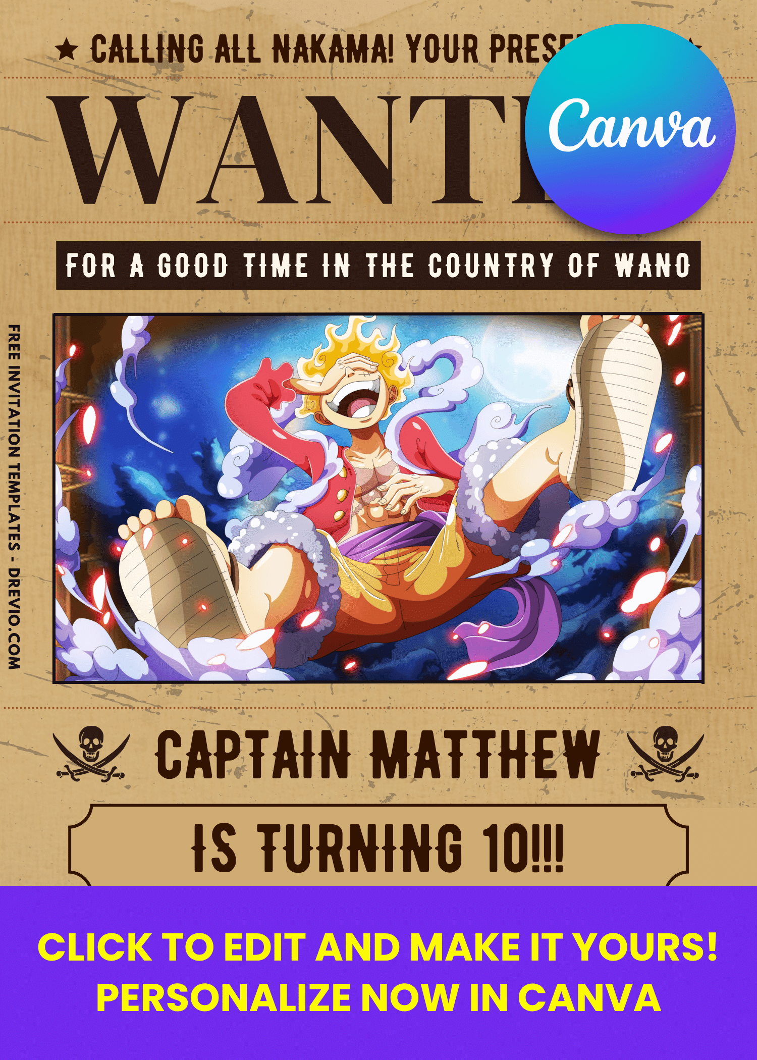 Bounty Poster One Piece Birthday Invitation | Editable Canva Template