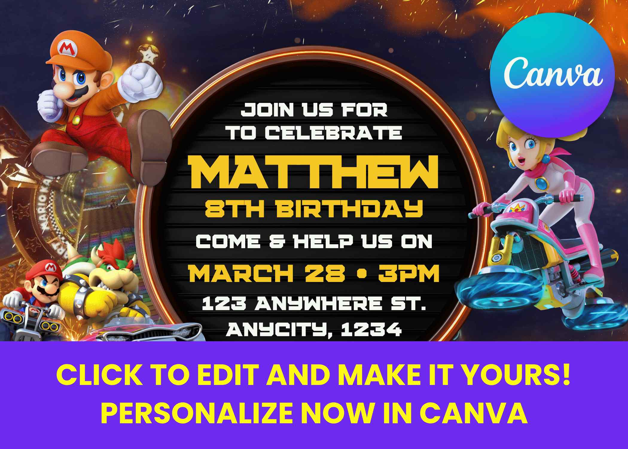Mario Kart Themed Birthday Party Invitations | Editable Canva Template