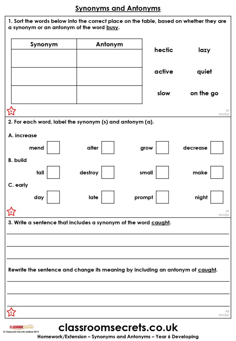 Printable Synonym & Antonym Sort for Kids Learning